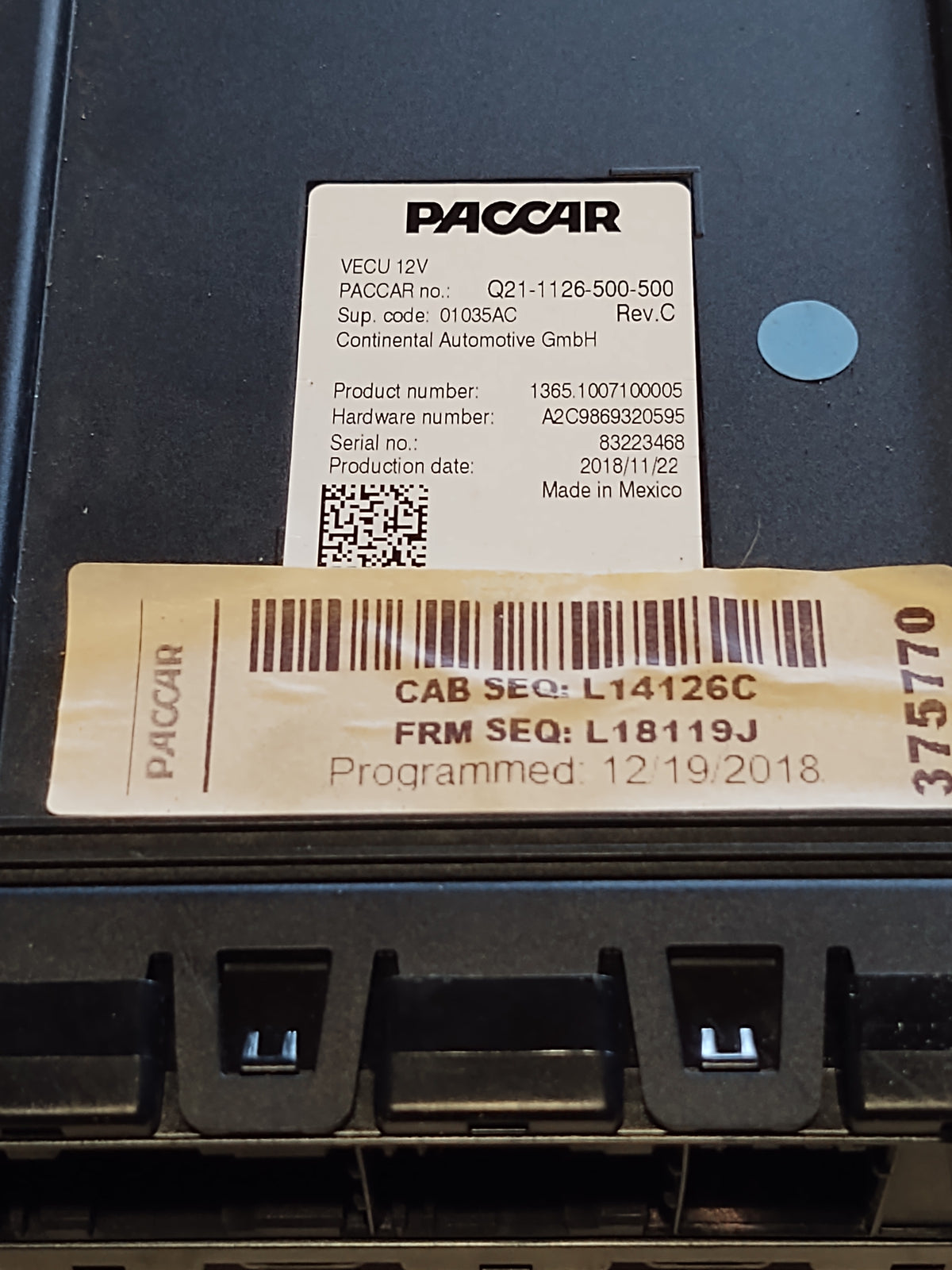 Paccar Cab Control Module VECU Q21-1126-500-500 Used Part — North ...